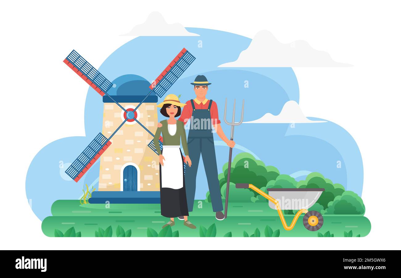 Farmer people in eco village rural landscape with windmill vector ...