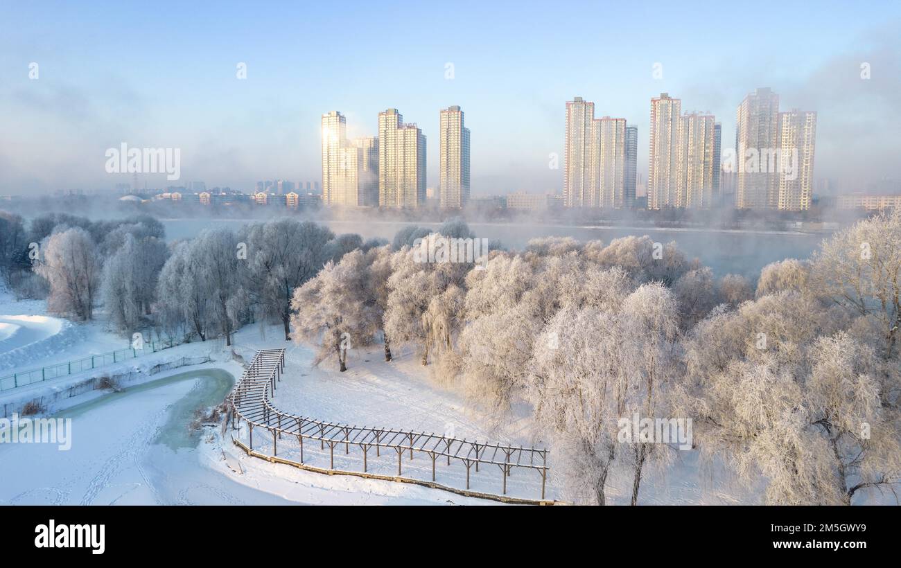 Aerial photo shows the beautiful rime ice scenery in Jindong District ...