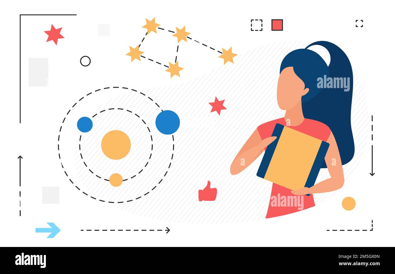Astronomy, space science research vector illustration. Cartoon woman ...