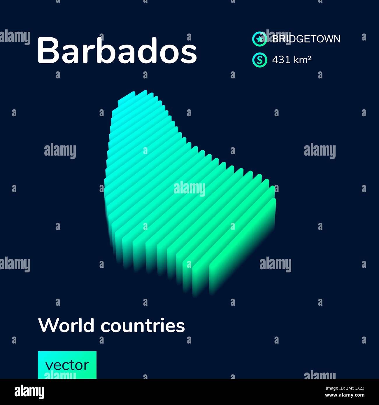 Barbados 3D map. Stylized striped vector neon isometric digital Map of ...