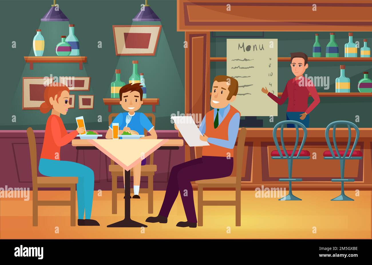 Family people eat food in cafe vector illustration. Cartoon young ...