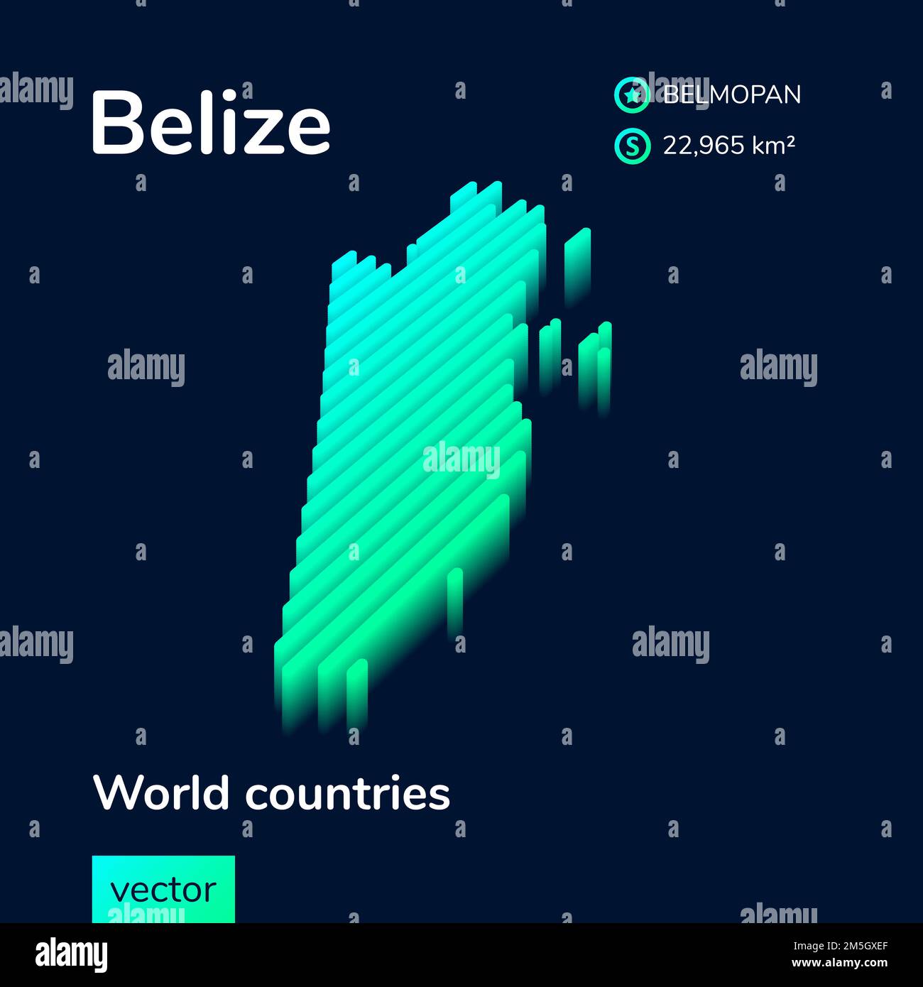 Belize 3D map. Stylized striped neon isometric digital vector Map of ...