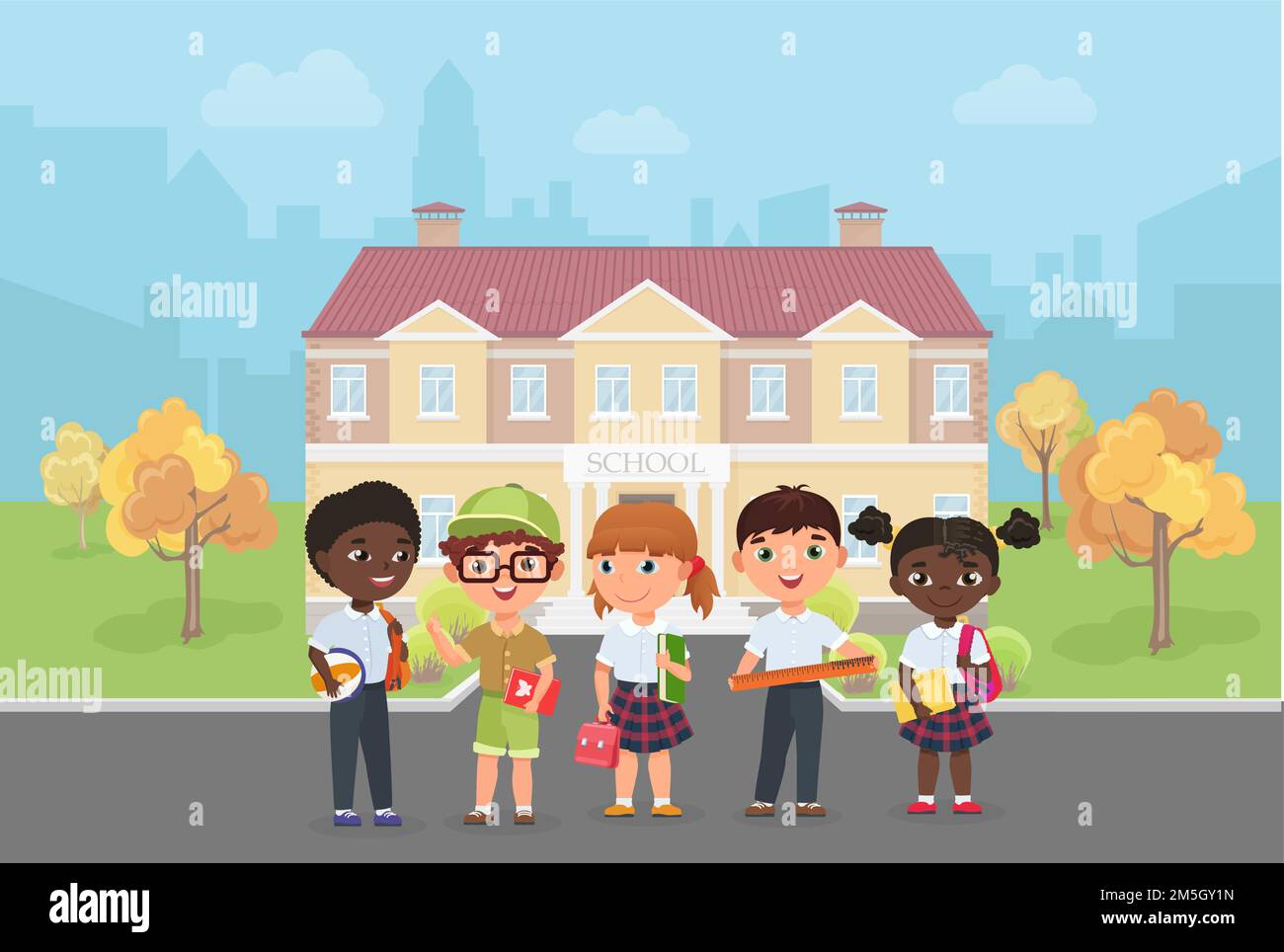 Children students stand in front of school building vector illustration ...