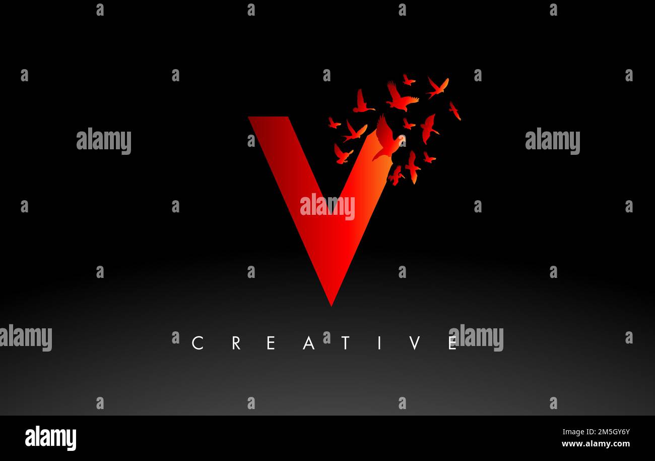 Red V Logo Letter with Flying Flock of Birds Disintegrating from the ...