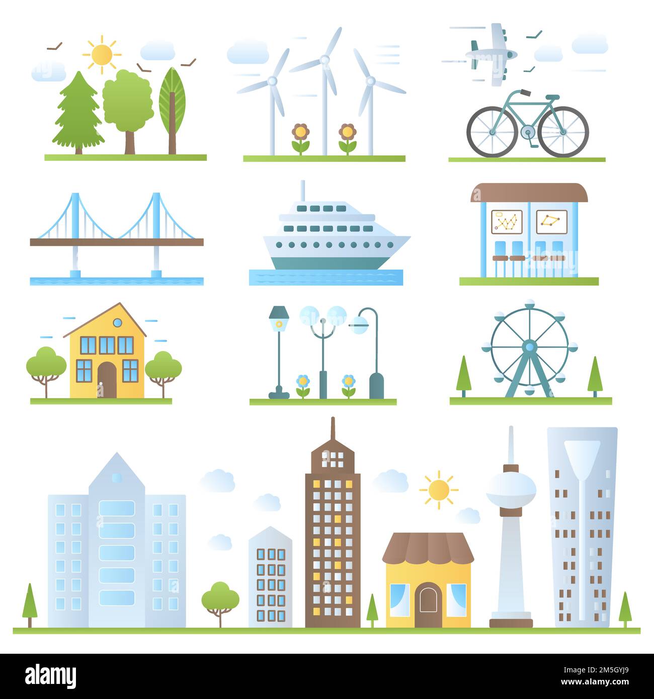 Urban city landscape design elements set in trendy gradient color style ...