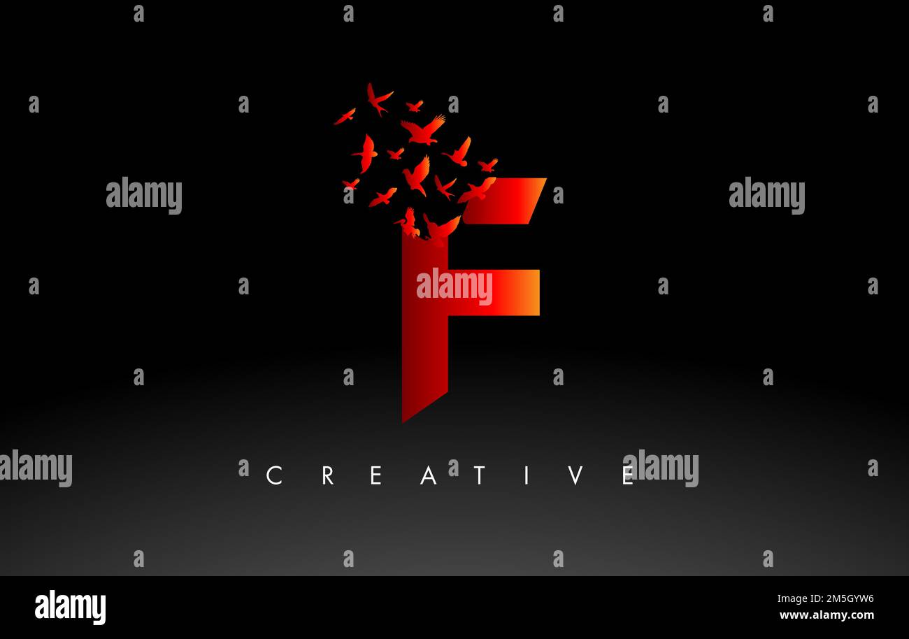 Red F Logo Letter with Flying Flock of Birds Disintegrating from the ...