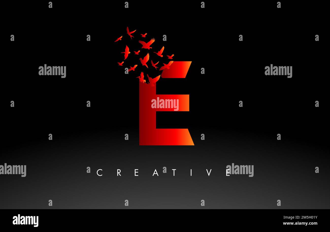 Red E Logo Letter with Flying Flock of Birds Disintegrating from the ...