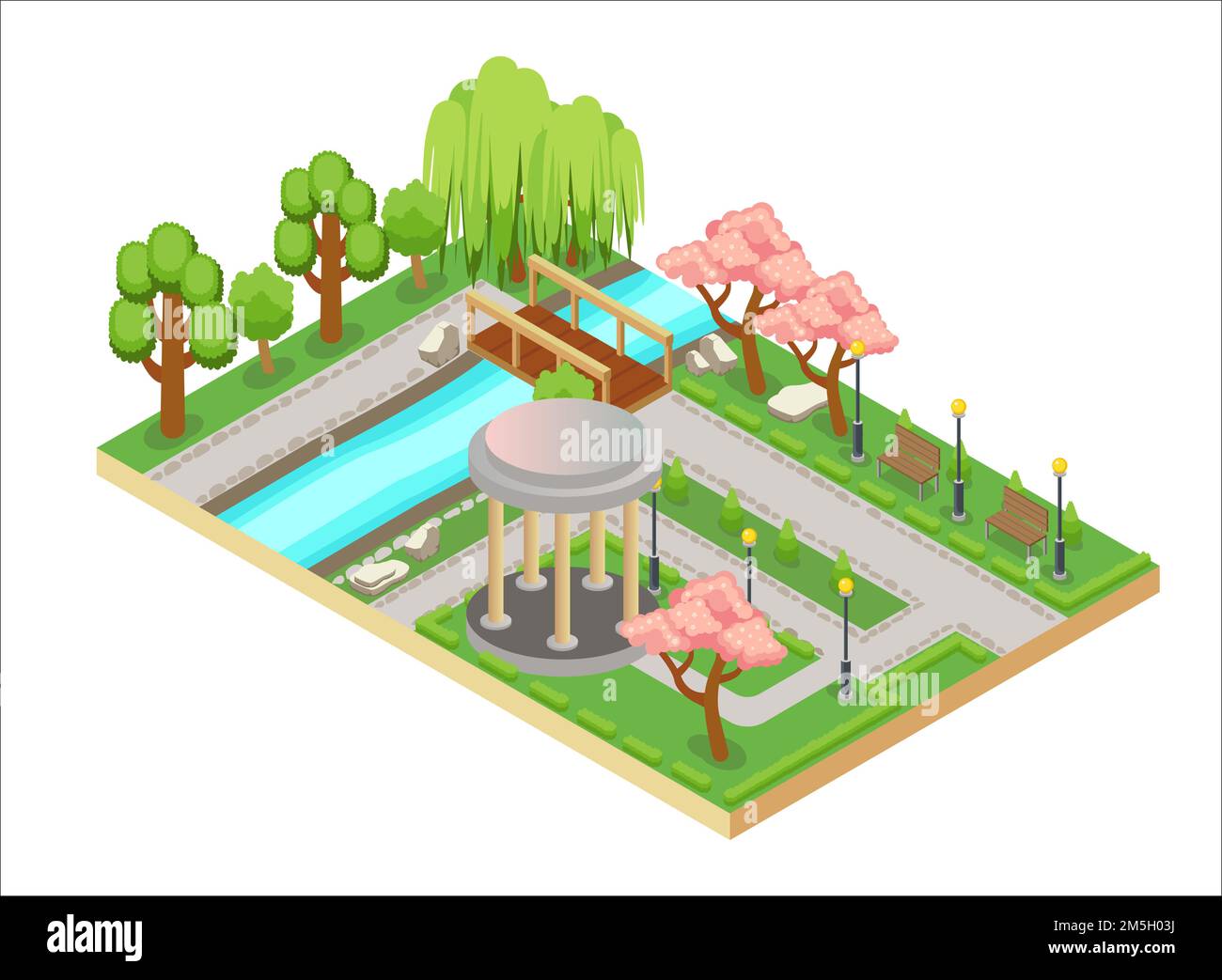Colorful isometric three-dimensional illustration of oriental garden ...
