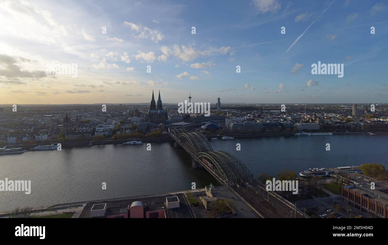 An aerial view of the Hohenzollern Bridge, River Rhine and entrance to ...
