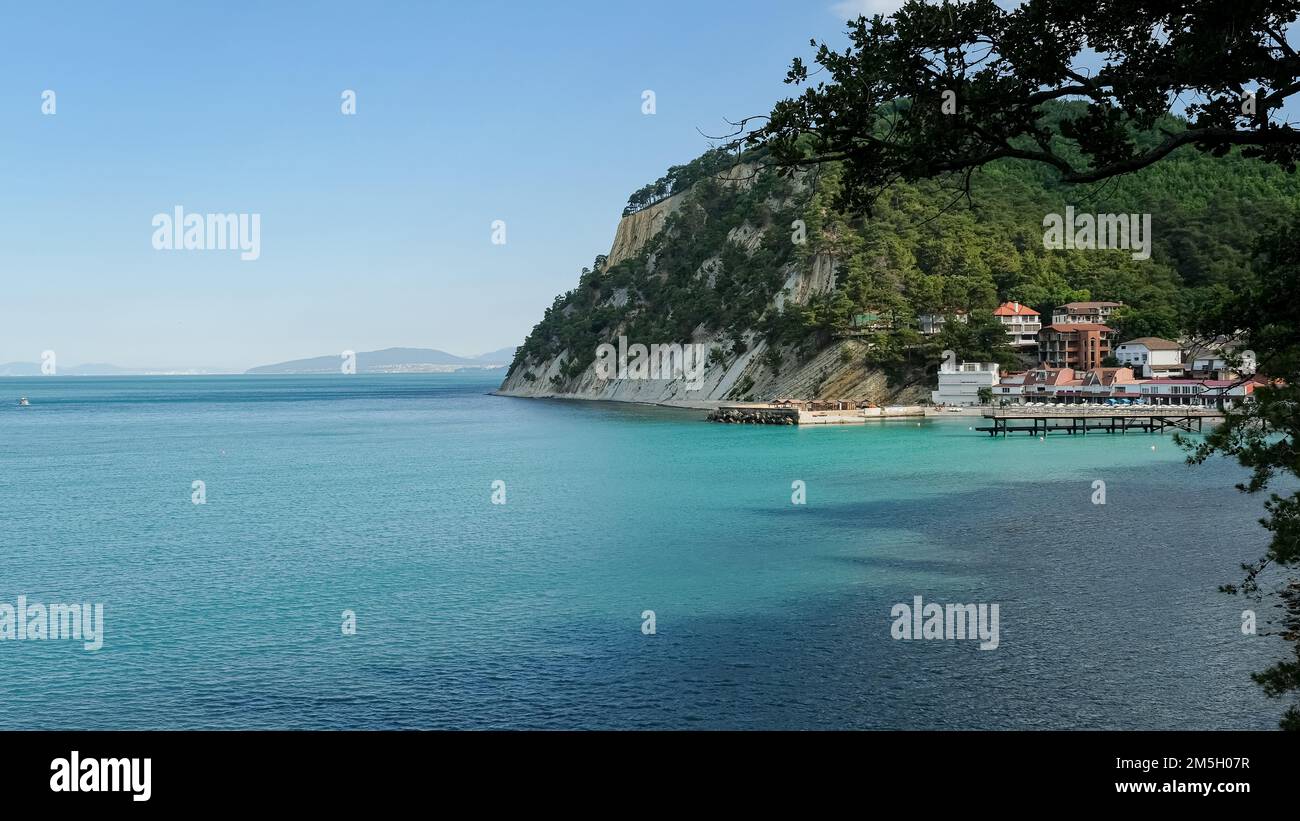 Caribbean beach scene with coconut palms, sand, ocean and blue sky ...