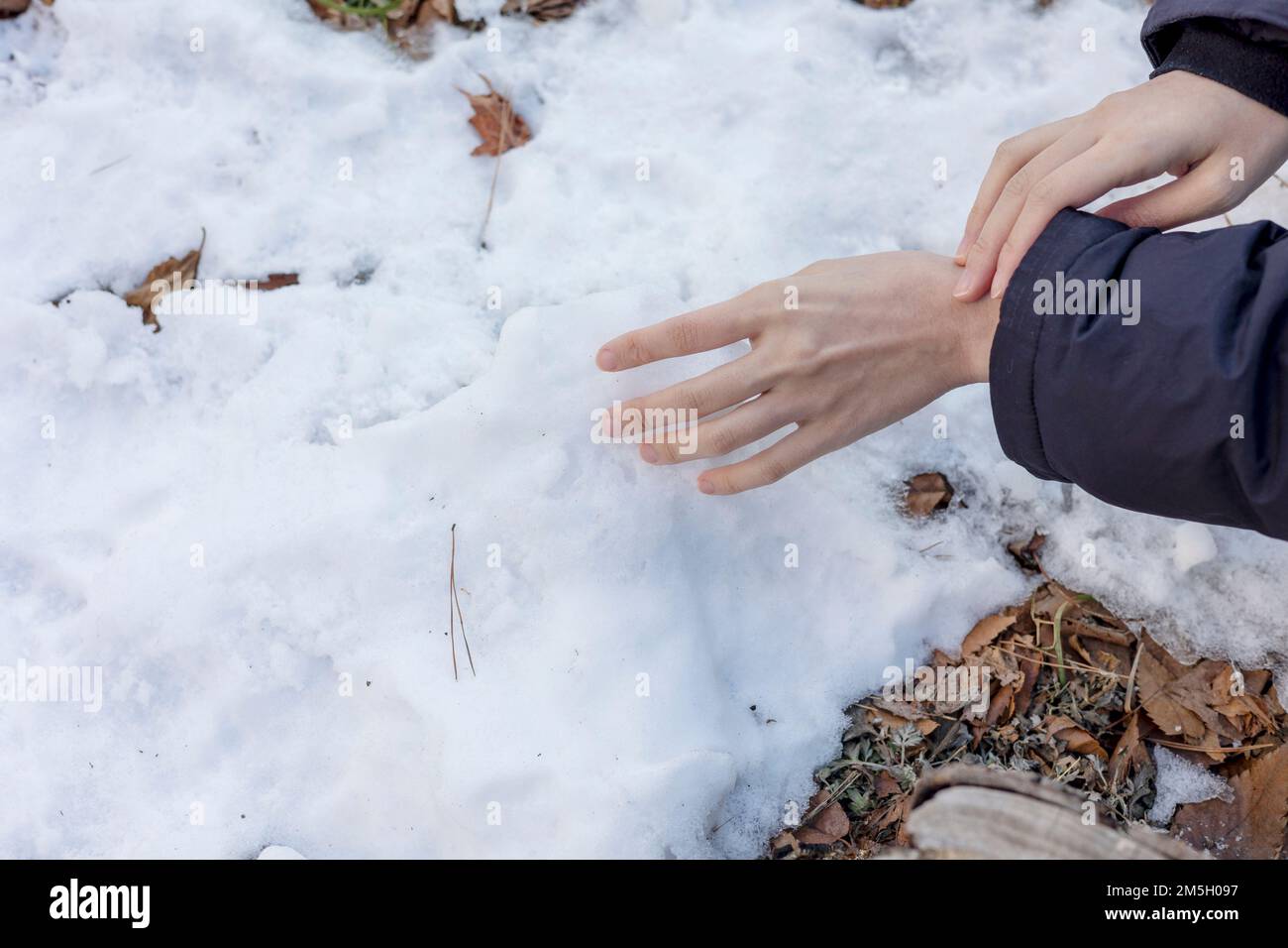 Woman is touching snow Stock Photo - Alamy