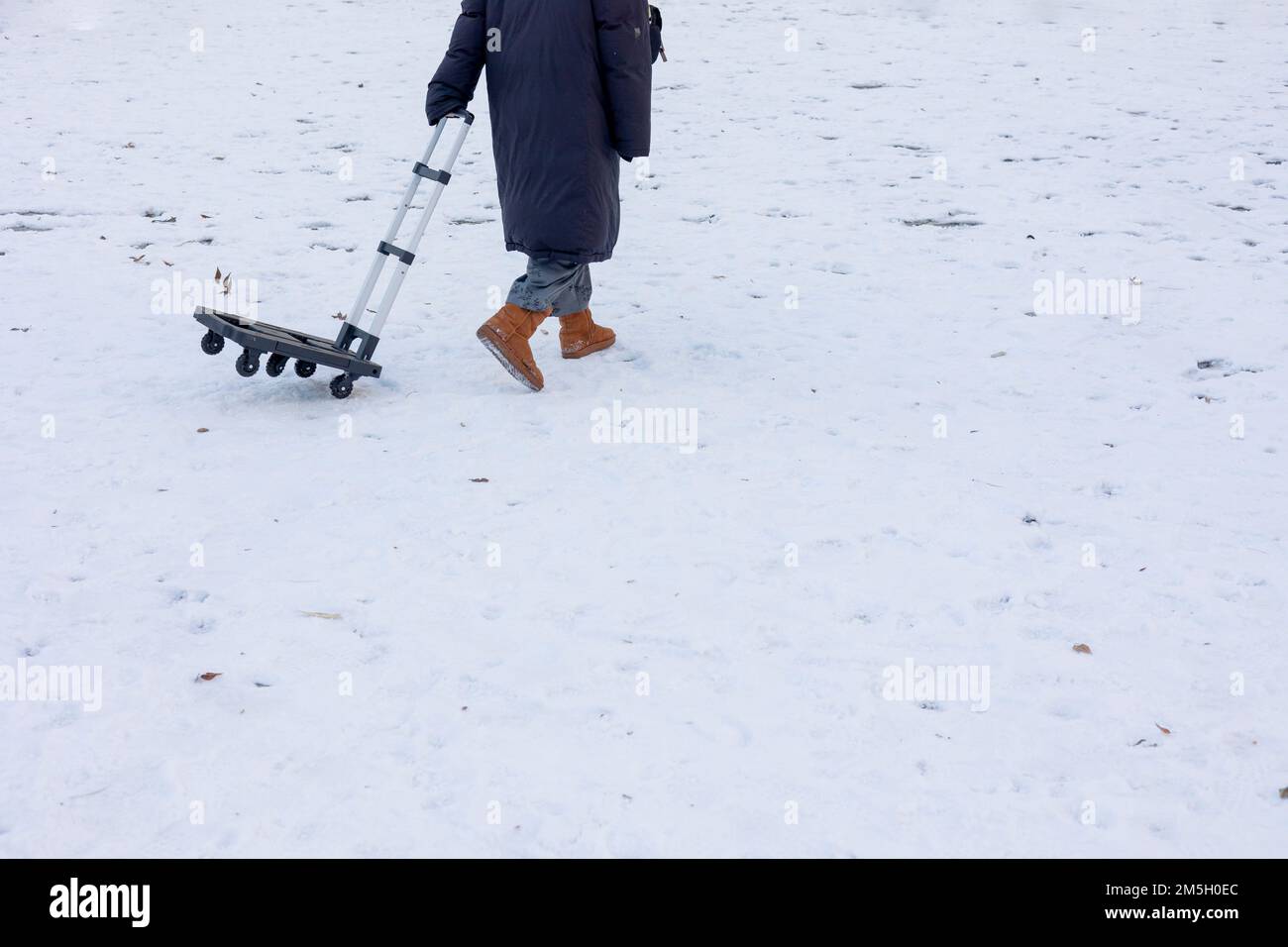 Woman is dragging a cart on the snow Stock Photo - Alamy