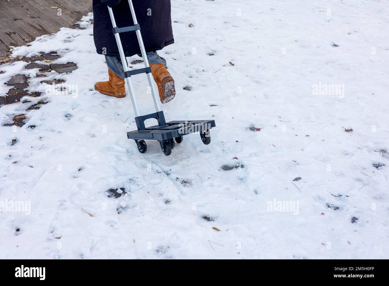 Woman is dragging a cart on the snow Stock Photo - Alamy