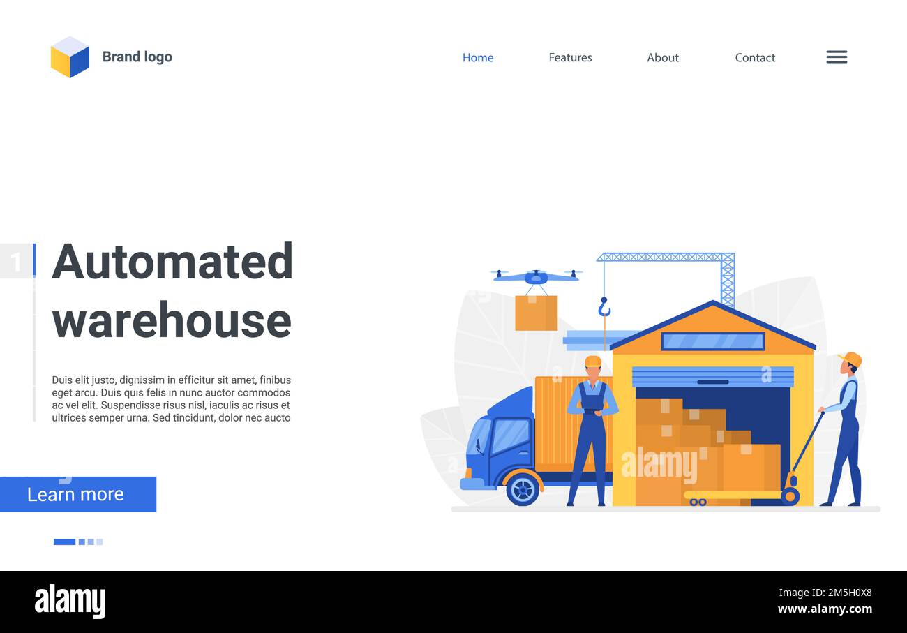 Cartoon automated warehouse landing page, warehousing business delivery ...