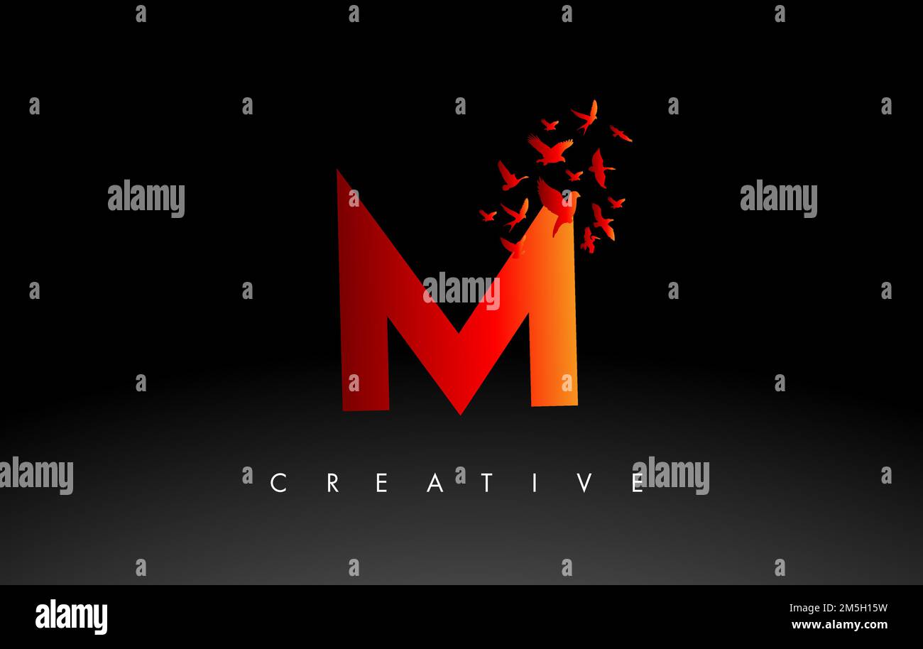 Red M Logo Letter with Flying Flock of Birds Disintegrating from the ...