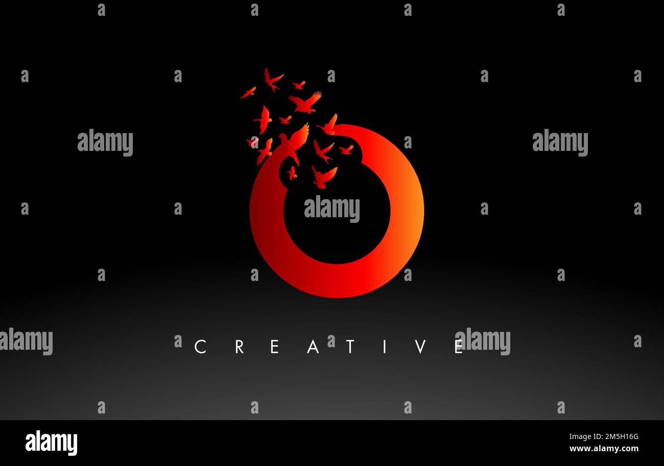 Red O Logo Letter with Flying Flock of Birds Disintegrating from the ...