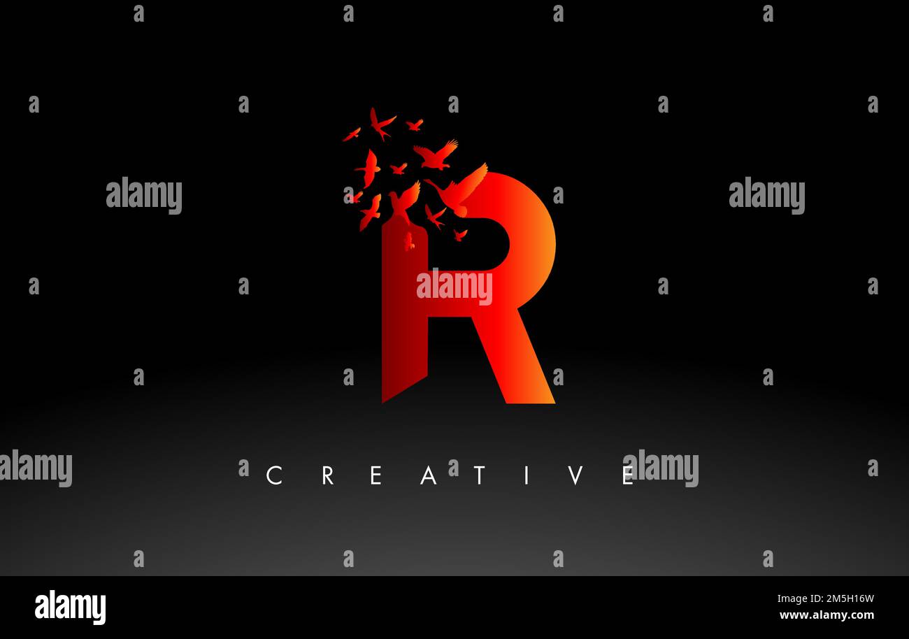 Red R Logo Letter with Flying Flock of Birds Disintegrating from the ...