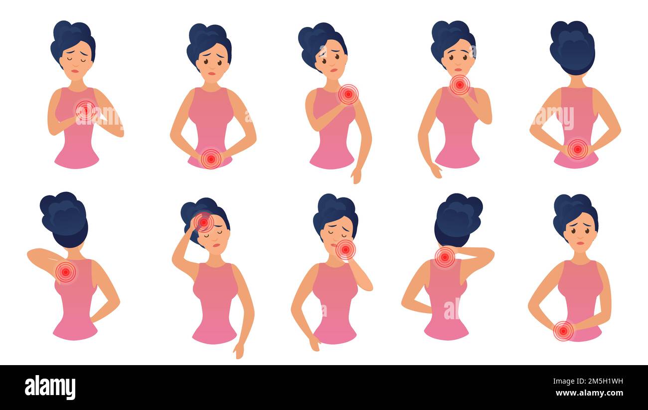 Body parts pain infographic set. Woman feels pain in different parts of ...