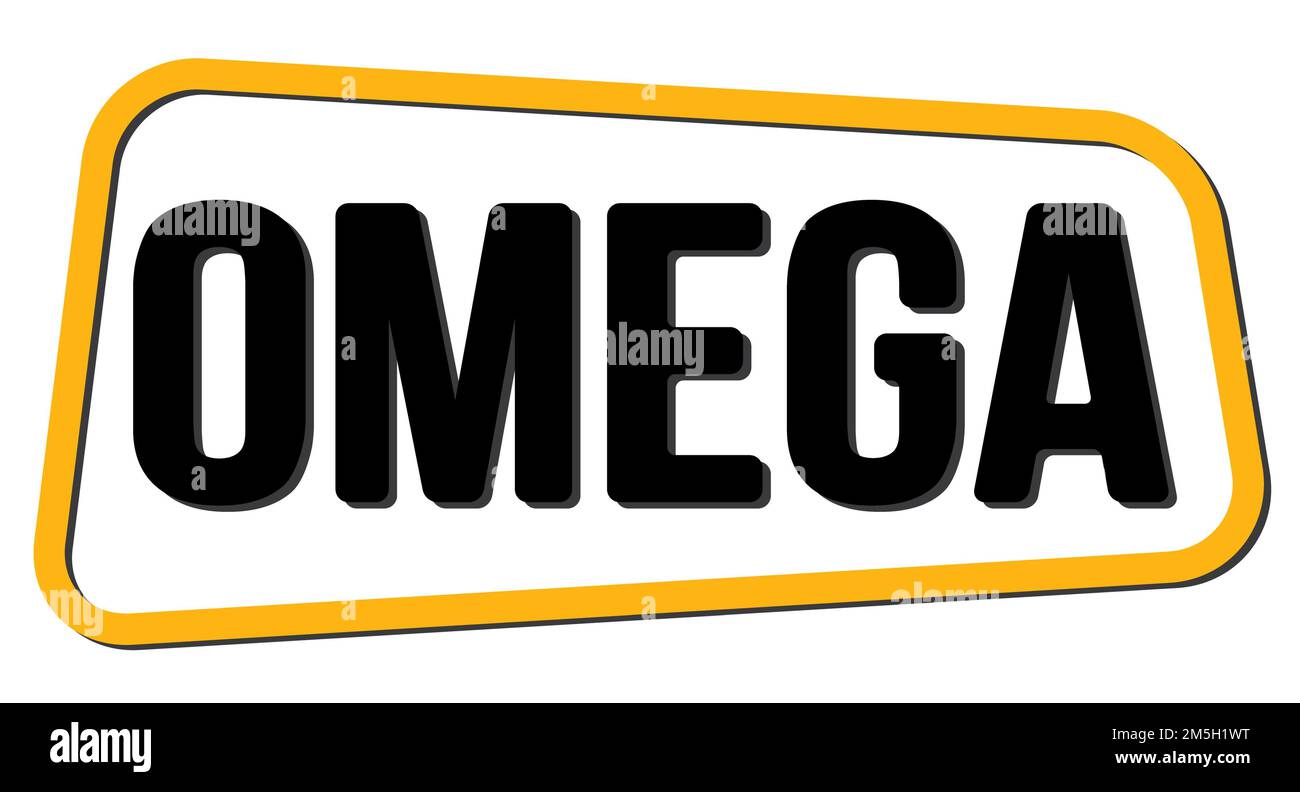 OMEGA text written on yellow-black trapeze stamp sign Stock Photo - Alamy