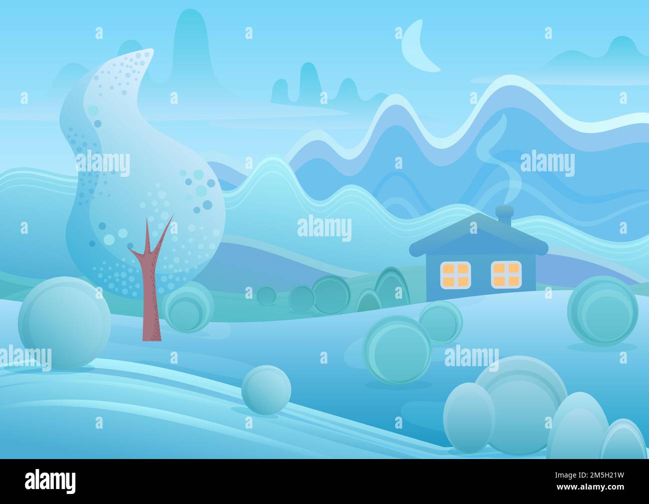 Winter cartoon house with smoke from chimney in fantasy mountains ...