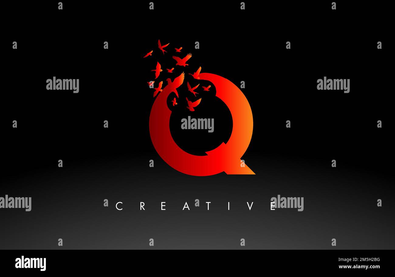 Red Q Logo Letter with Flying Flock of Birds Disintegrating from the ...