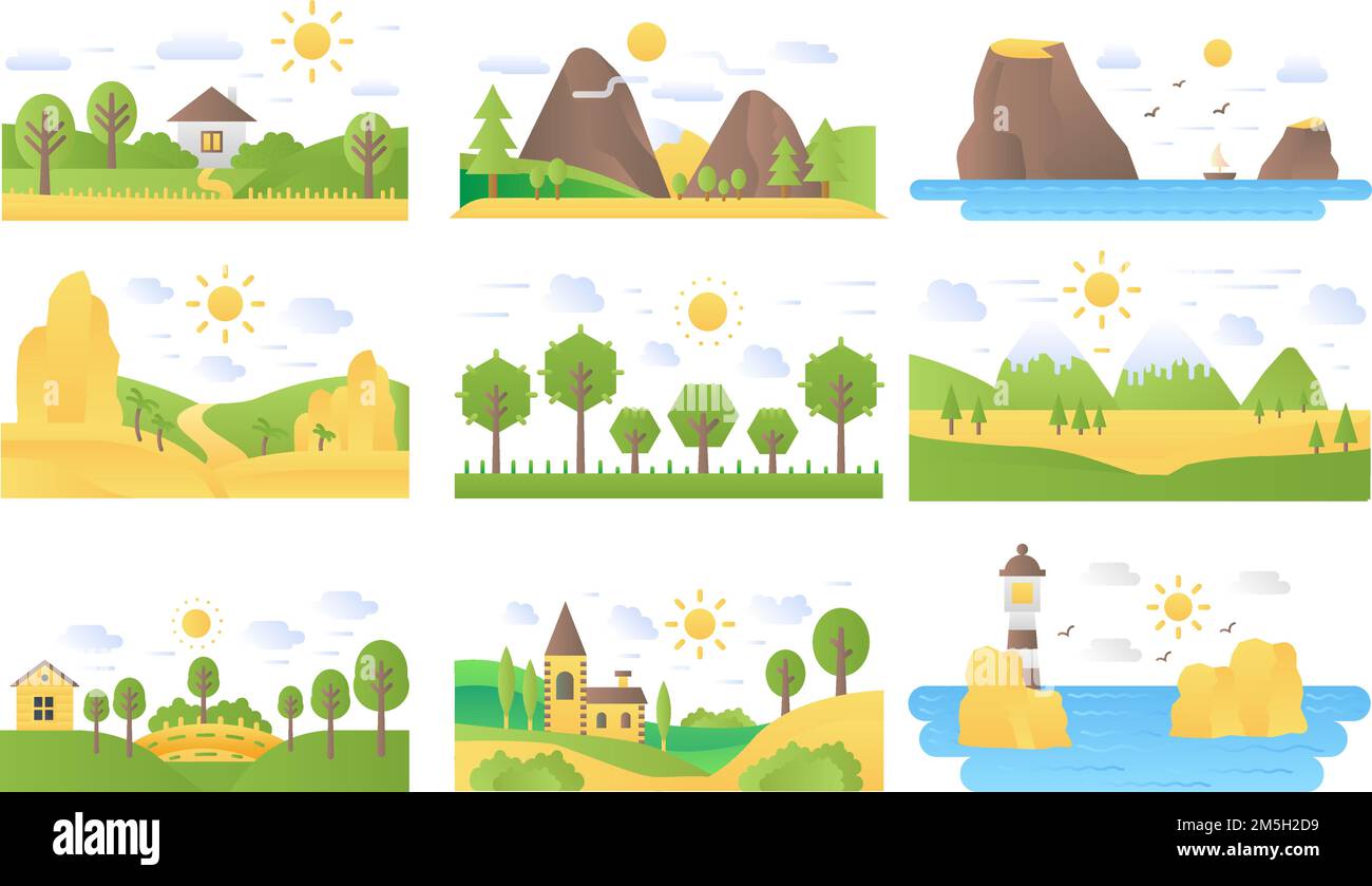 Landscape cartoon flat concept nature icons illustrations vector set ...