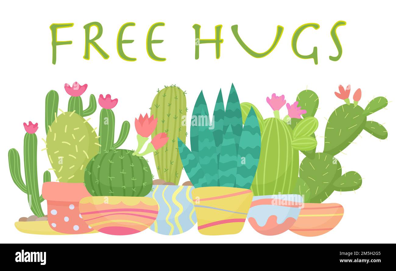 Set of Cactus with free hugs lettering vector illustration Stock Vector ...