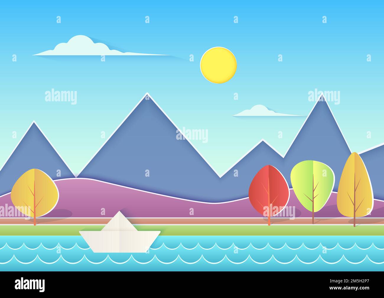 Trendy paper cuted landscape with mountains, hills, river, paper ship ...