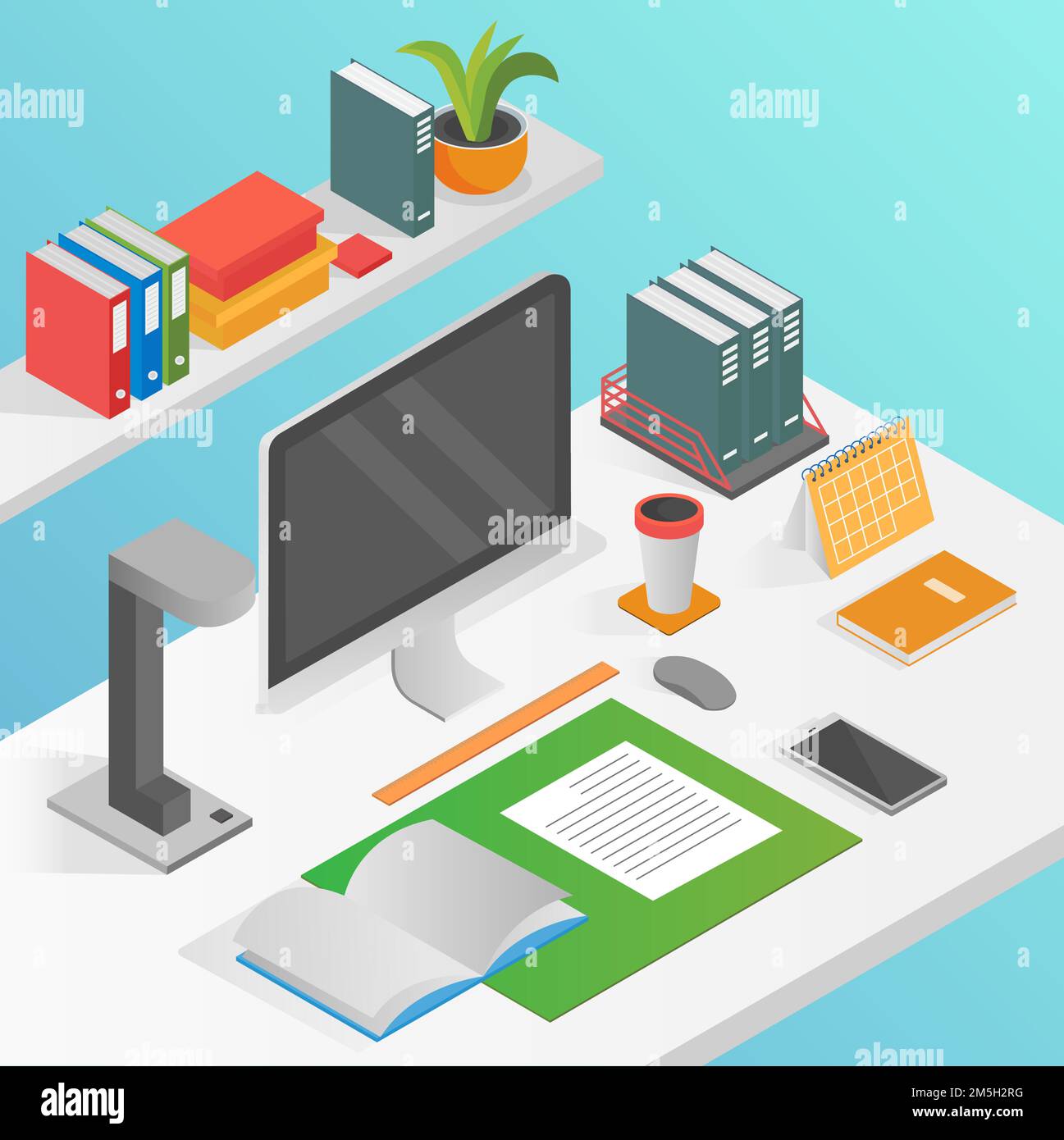 Flat isometric workspace work place concept vector isolated. Desktop ...