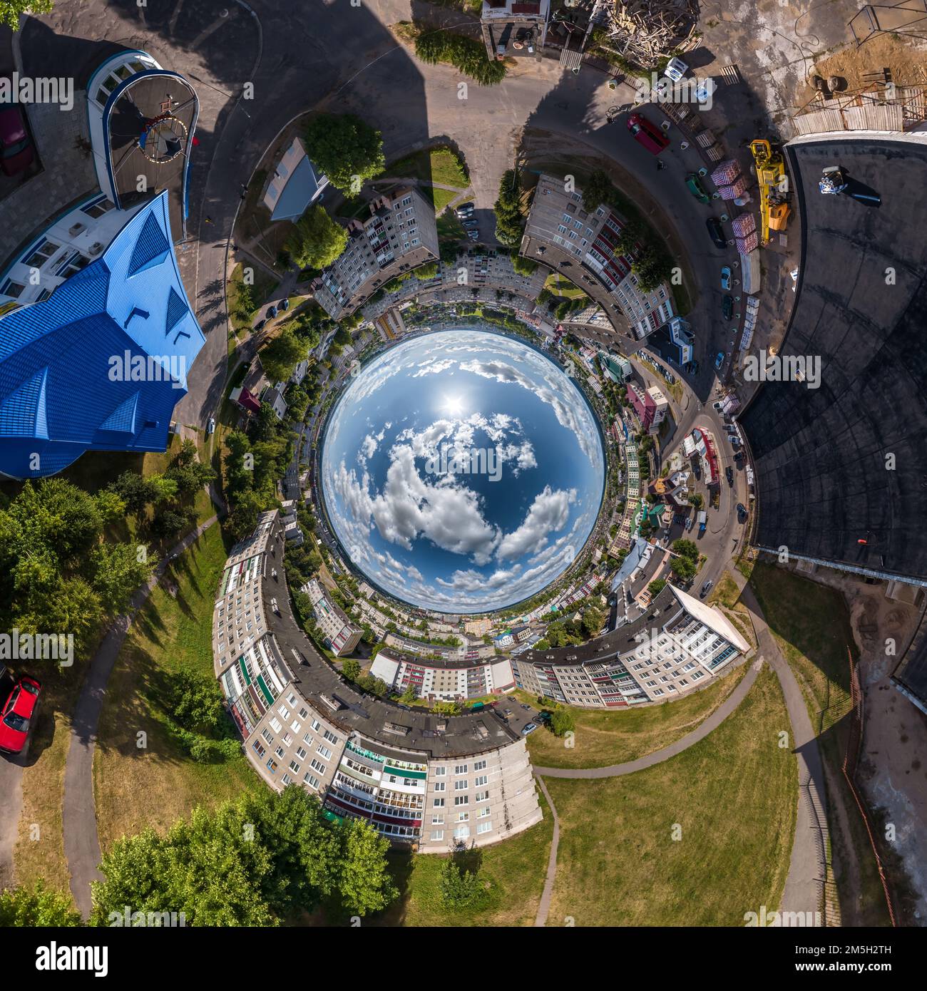 blue sphere inside overlooking old town, urban development, historic ...
