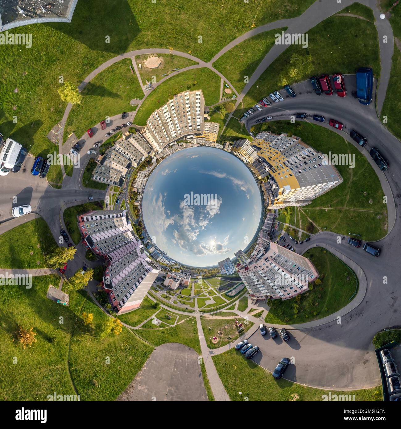 blue sphere inside overlooking old town, urban development, historic ...