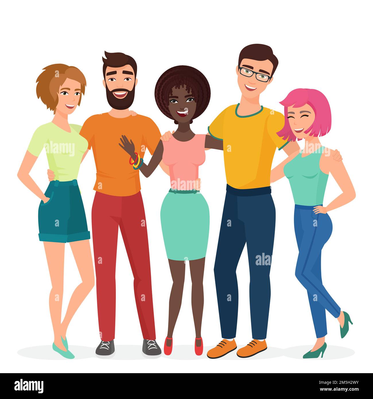 Smiling young hugging friends group. People students friendship vector ...