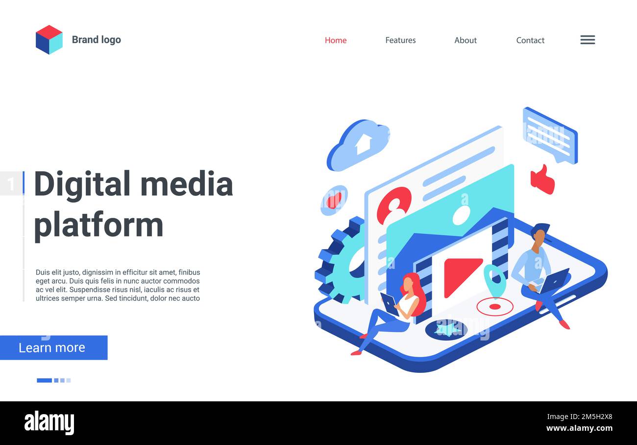 Website landing page creative design with cartoon isometric man woman ...