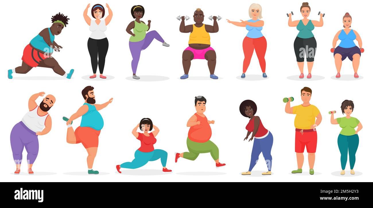 Fat cute people doing fitness exercise training. Man and woman gym ...