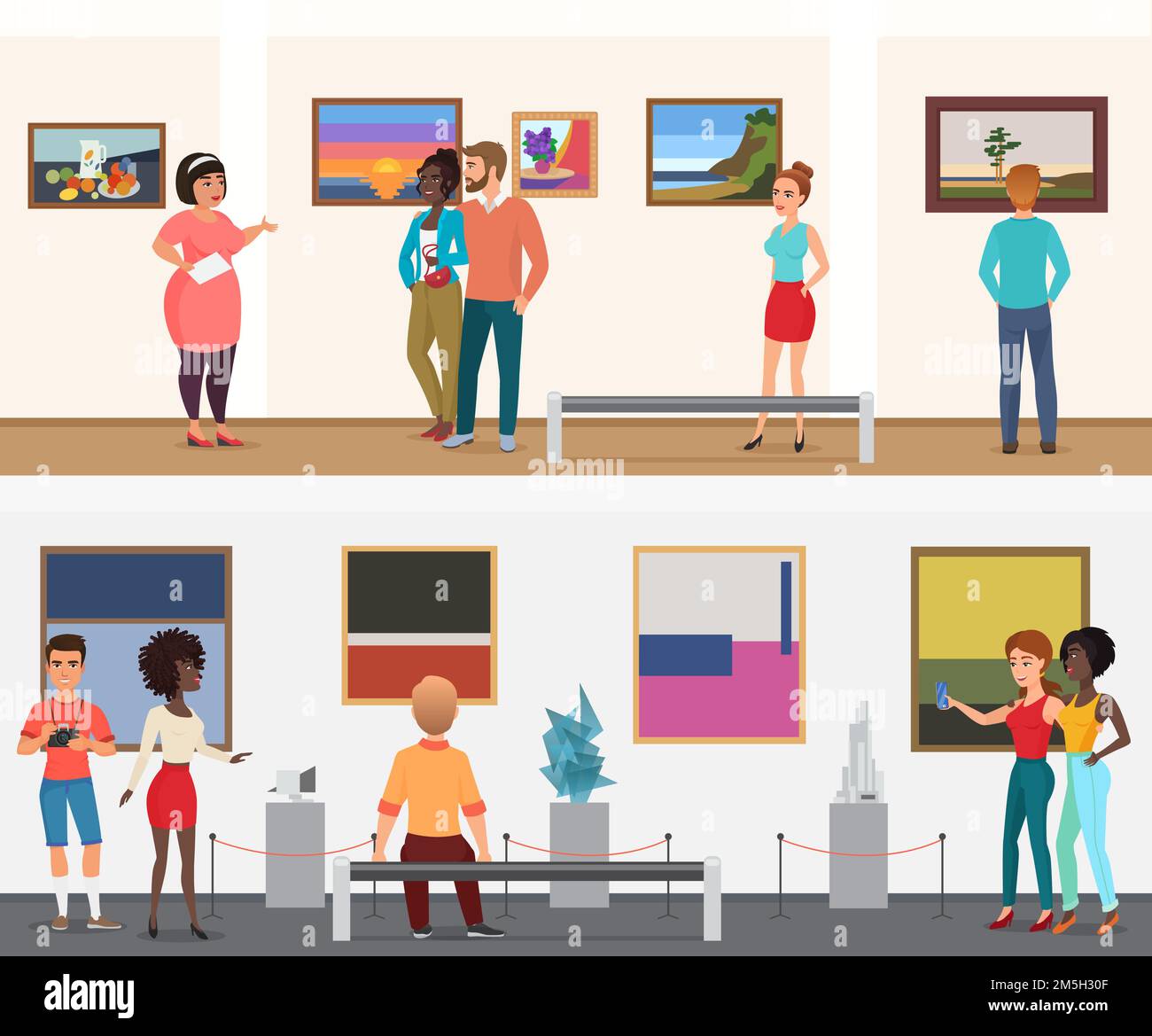 Vector Museum visitors people in art exhibition gallery museum looking ...