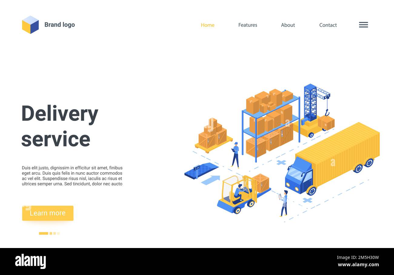 3d landing page website design with cartoon worker characters work on loader forklift, load ...