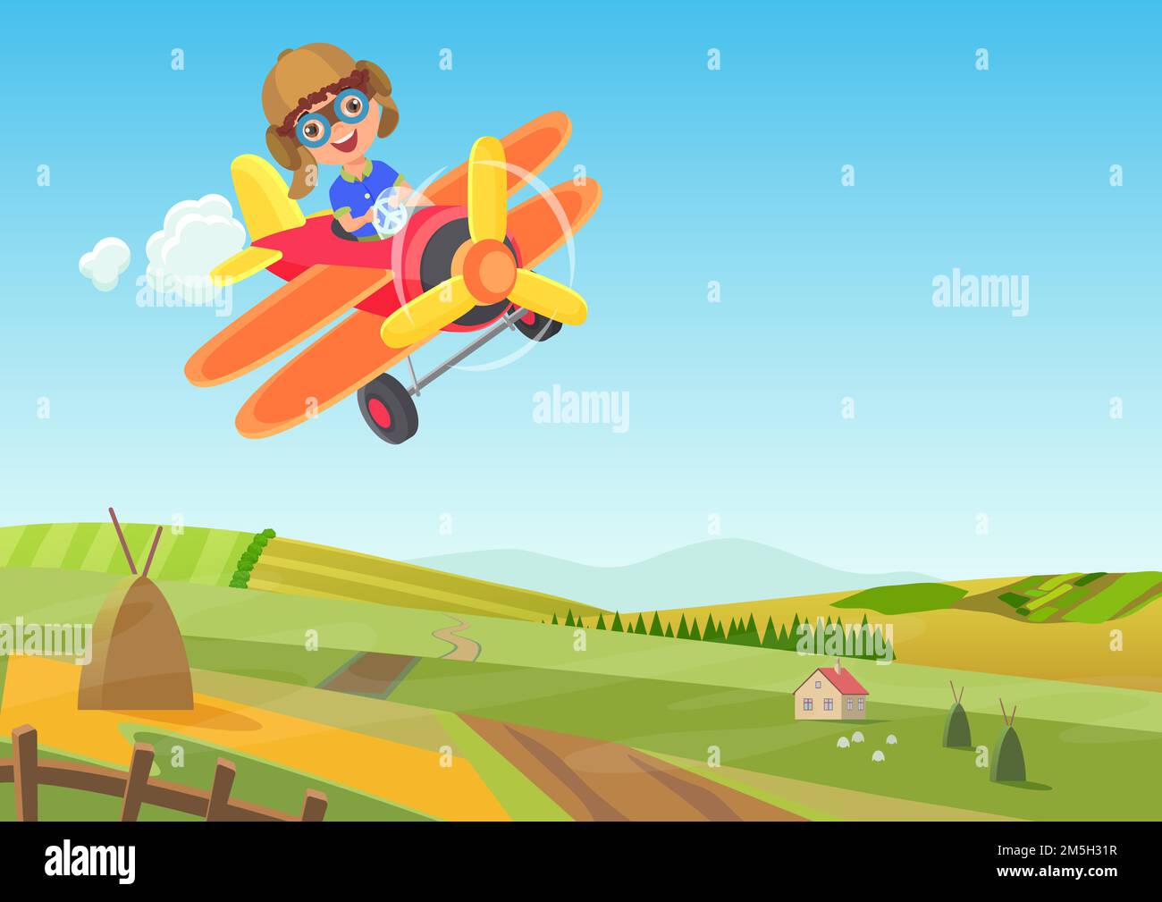 Cute little boy flying in airplane above the fields. Funny flying ...