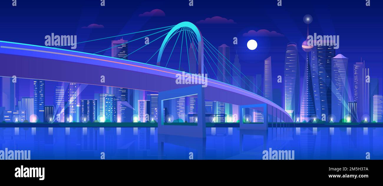 City highway night bridge, modern urban neon futuristic skyline, tower ...