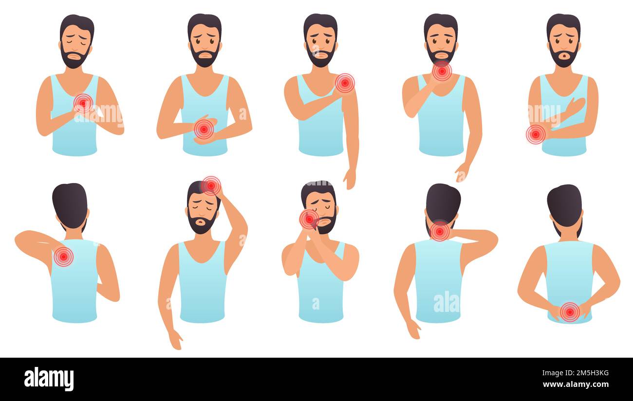 Body parts pain infographic set. Man feels pain in different parts of ...