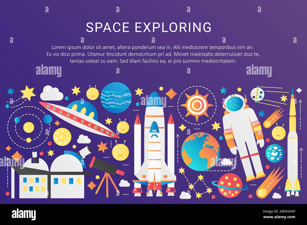 Vector trendy flat gradient space universe infographic elements collection with sun, planets ...