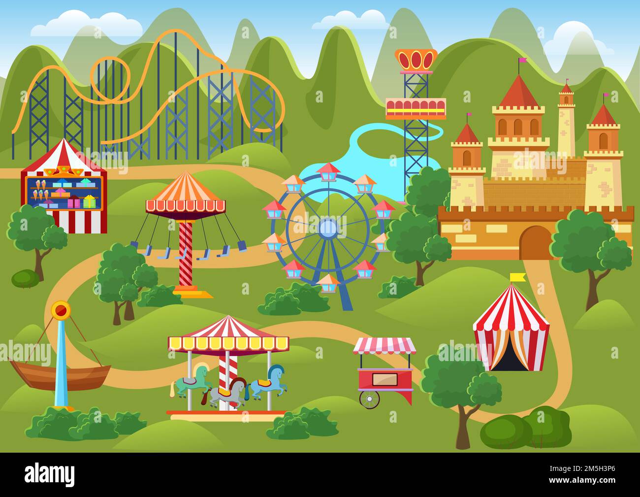 Amusement park concept landscape map with flat fairground elements ...