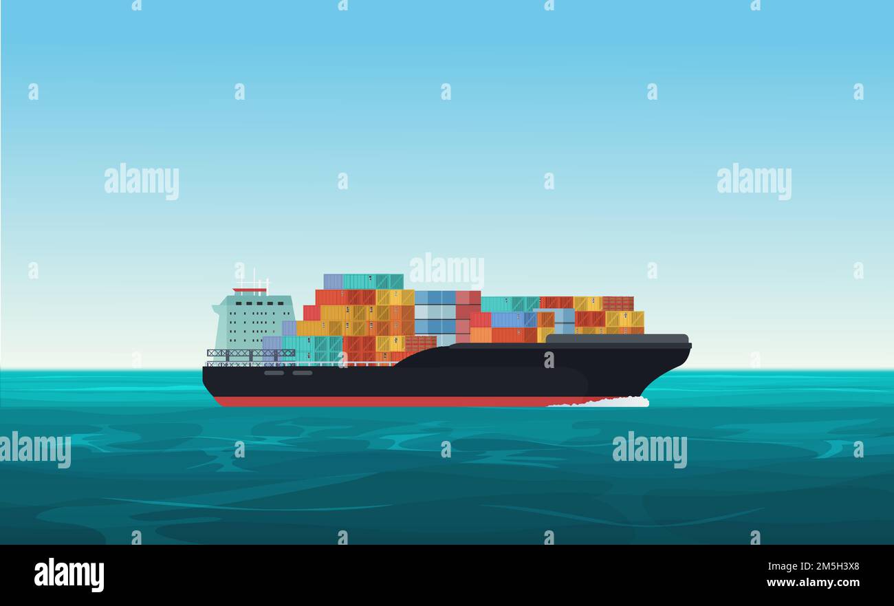 Cargo transportation ship with containers in the ocean. Delivery ...