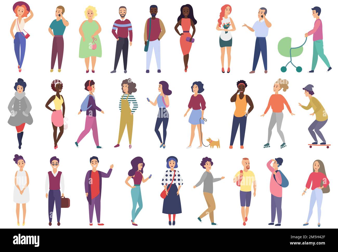 Crowd of vector people set performing outdoor activities. Man and woman ...