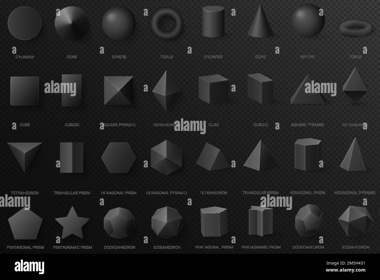 Realistic black basic geometric 3d shapes in top and front view ...