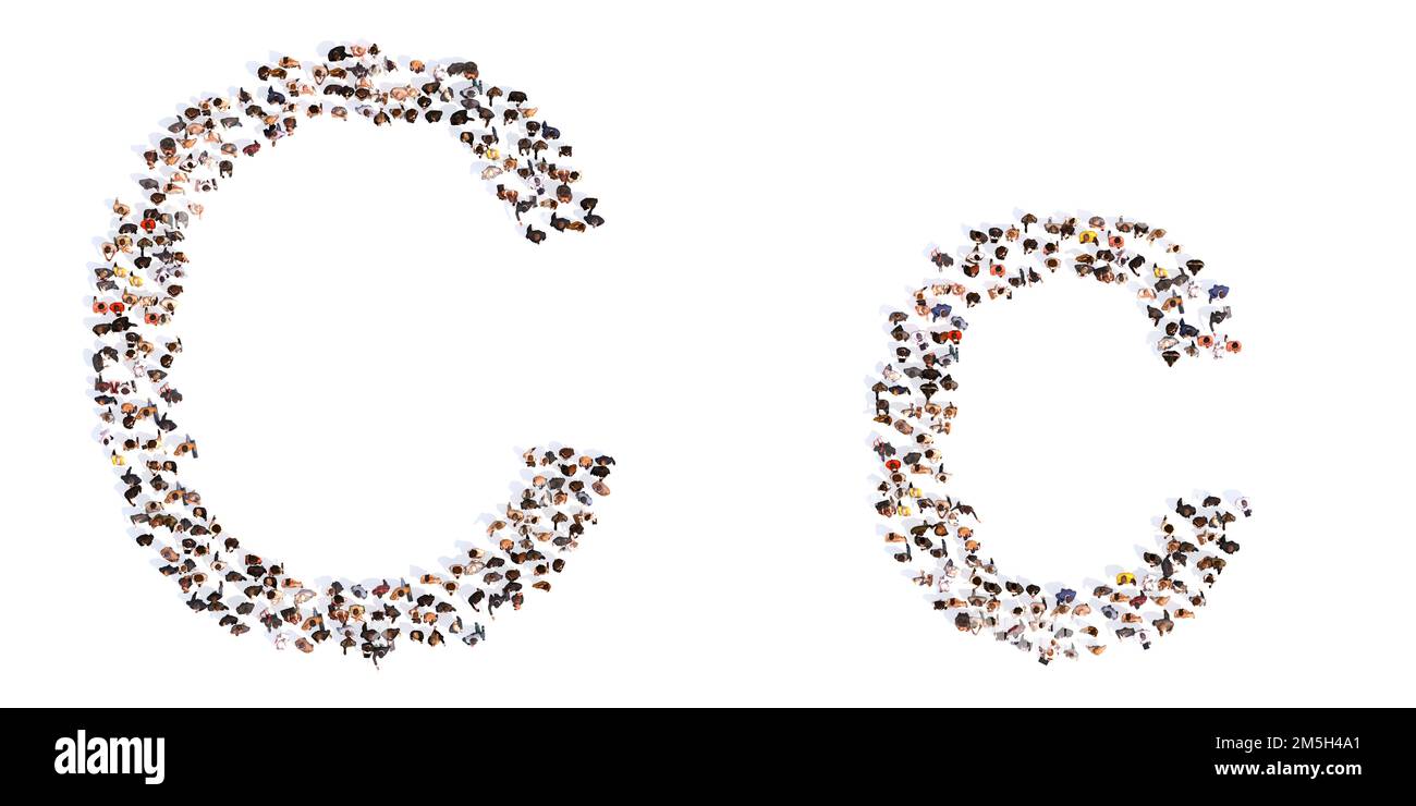 Concept or conceptual large community of people forming the font C. 3d ...