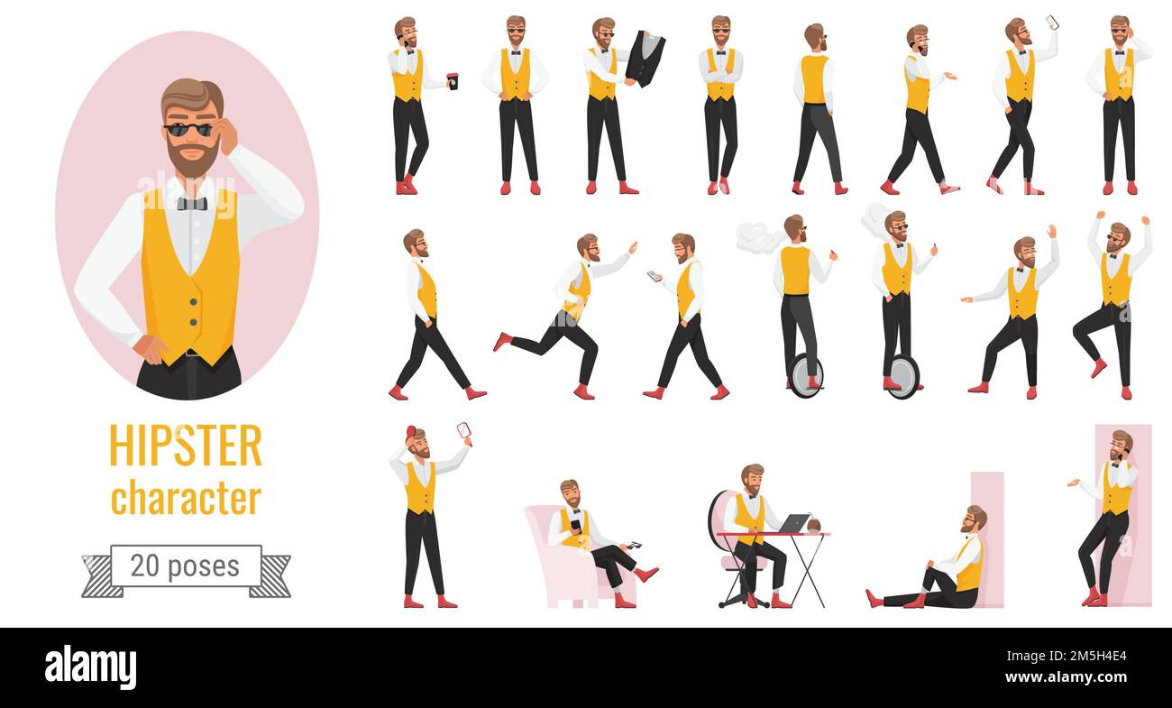 Hipster character poses infographic vector illustration set. Cartoon ...