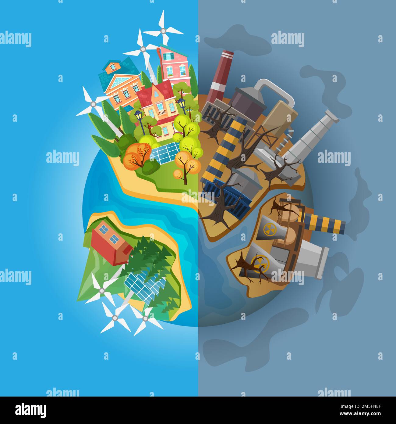 Save The Panet Concept Cartoon Globe Divided Into Two Halves Of Clean save-the-panet-concept-cartoon-globe-divided-into-two-halves-of-clean