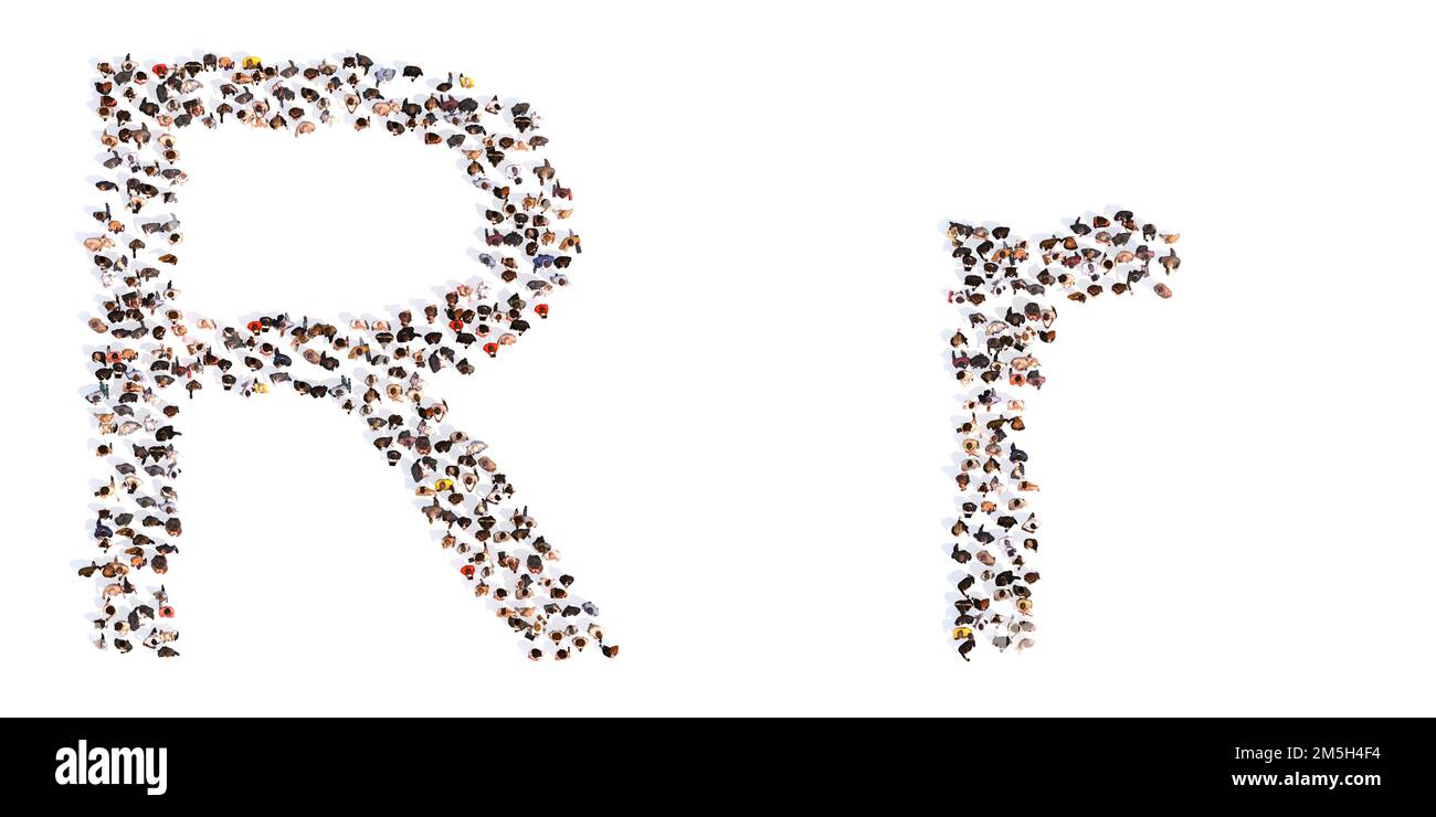 Concept or conceptual large community of people forming the font R. 3d ...