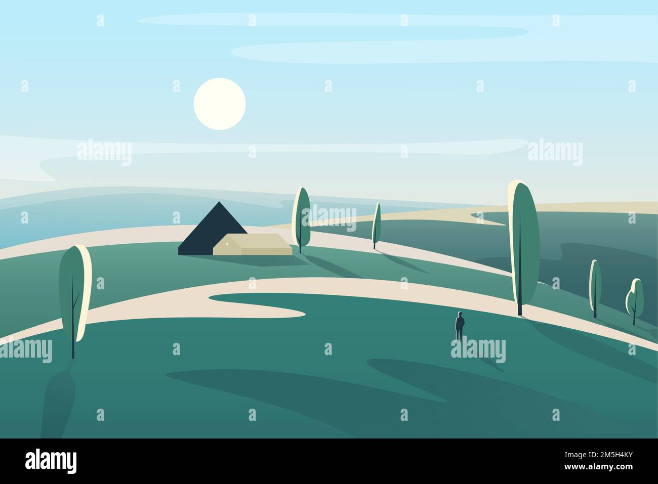 Beautiful landscape with village house in the fields meadows abstract ...