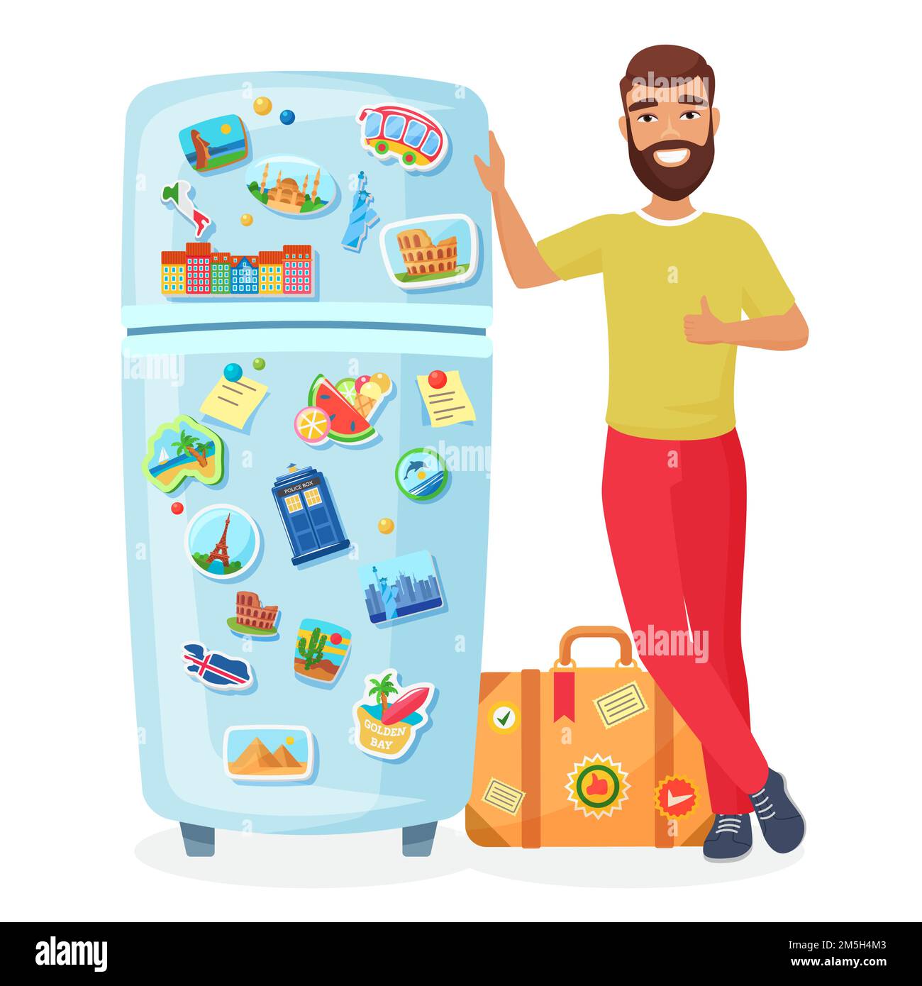 Traveler man showing fridge with souvenir famous places magnets, travel ...